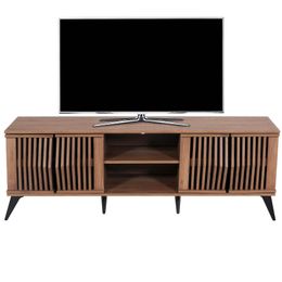 TV-Rack MCW-M45, Fernsehtisch Lowboard Schrank, 3D-Design Stauf&auml;cher 55x166x41cm, braun