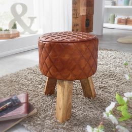 FineBuy Sitzhocker Echtleder 35x46x35 cm Fu&szlig;hocker Rund Lederhocker Massivholz