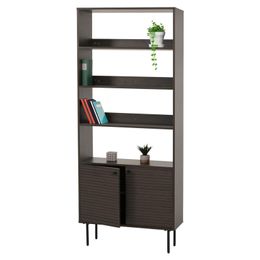 B&uuml;cherregal MCW-N78, B&uuml;cherschrank Hochschrank, skandinavischer Stil Metall Holz Melamin MVG 200x80x30cm ~ dunkelbraun