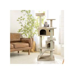 NYVI Katzen Kratzbaum Sammy 132 cm Beige - Deluxe Katzenbaum mit 2 Katzenh&ouml;hlen, 3 Plattformen und Sisal Kratzs&auml;ule