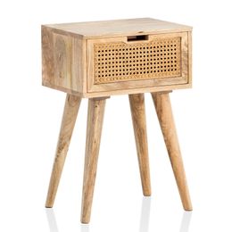 FineBuy Nachtkonsole Massivholz Rattan & Schublade Nachttisch Boho Design Nachtk&auml;stchen