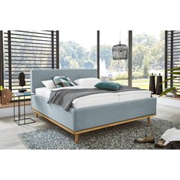 Polsterbett Musterring "Delphi", blau (eisblau, eisblau), B:198cm L:221cm, Stoffbezug Stone (100% Polyester), Betten, Eicherahmen massiv, Kopfteil mit Steppung
