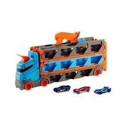 Hotwheels 2-in-1 Rennbahn-Transporter mit 3 Fahrzeugen im Ma&szlig;stab 1:64, Spielfahrzeug blau/orange