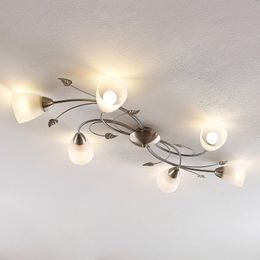 LINDBY Deckenlampe Yannie, 6-flg., 106 cm, nickel/weiß, Glas