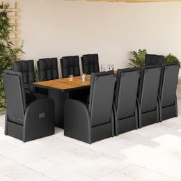 vidaXL 11-tlg. Garten-Essgruppe mit Kissen Schwarz Poly Rattan