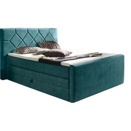 Boxspringbett Places of Style "Atlanta", blau (ocean), B:140cm L:221cm, Kunststoff, Massivholz, Stoff, Komplettbetten, Boxspringbett, inklusive Topper und Bettkasten