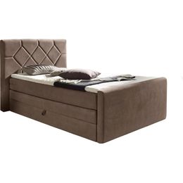 Boxspringbett Places of Style "Atlanta", grau (taupe), B:110cm L:221cm, Kunststoff, Massivholz, Stoff, Komplettbetten, Boxspringbett, inklusive Topper und Bettkasten