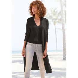 Cardigan Lascana, Damen, Gr. 44/46, schwarz, Feinstrick, Obermaterial: 70% Viskose, 30% Polyamid, unifarben, figurumspielend knieumspielend, Rippstrickbündchen, Strickjacken, mit seitlichen Schlitzen, Longstrickjacke aus weichem Rippstrick