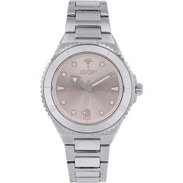 JOOP! Quarzuhr Armbanduhr, Damenuhr, Edelstahlarmband, analog, Datum silberfarben-lila Geschmackvolle Damenarmbanduhr