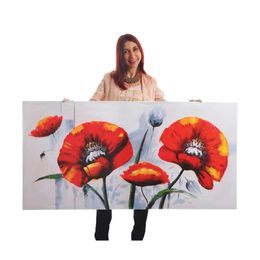MCW Wandbild Roter Mohn, 100% handgemaltes &Ouml;lgem&auml;lde Gem&auml;lde XL, 140x70cm
