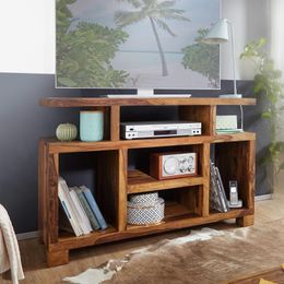 FineBuy Massivholz Sideboard 115cm Sheesham Natur Kommode mit viel Ablage Fernsehkommode TV Schrank f&uuml;r Fernseher