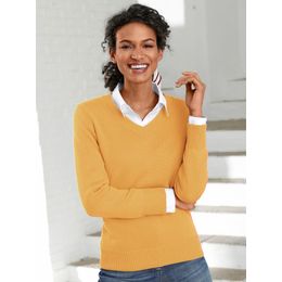 V-Ausschnitt-Pullover Casual Looks "Pullover", Damen, Gr. 36, gelb (maisgelb), 50% Baumwolle, 50% Polyacryl, meliert, unifarben, figurumspielend, Pullover