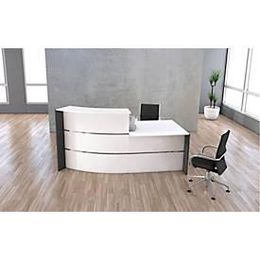 Kleine Bogen-Empfangstheke mit Beratungsplatz Faro, mit Ablage und Seitenplatten, B 2310 x T 1200 x H 1120 mm, weiß/anthrazit