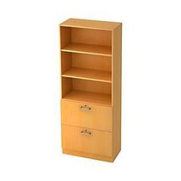 Regalschrank TARVIS, 5 OH, 2 HR-Auszüge, 60 kg Tragkraft, abschließbar, 2 Fachböden, B 800 x T 420 x H 2004 mm, Buche-Dekor