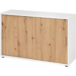 Schiebetürschrank Breno, abschließbar, Spanplatte, melaminharzbeschichtet, B 1200 x T 400 x H 748 mm, 2 Ordnerhöhen, weiß/Asteiche
