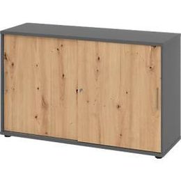 Schiebetürschrank Breno, abschließbar, Spanplatte, melaminharzbeschichtet, B 1200 x T 400 x H 748 mm, 2 Ordnerhöhen, Graphit/Asteiche