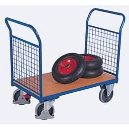 Schäfer Shop Doppel-Stirnwandwagen, Stahl/MDF-Platte, Enzianblau/Buche-Dekor, L 1000 x B 600 mm, Stirnwände aus Drahtgitter, TPE-Rollen mit EasySTOP, bis 500 kg