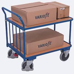 Schäfer Shop Schiebebügelwagen, Stahl/MDF-Platte, Enzianblau/Buche-Dekor, 2 Etagen, L 980 x B 695 mm, senkrechte Streben, TPE-Rollen mit EasySTOP, bis 400 kg