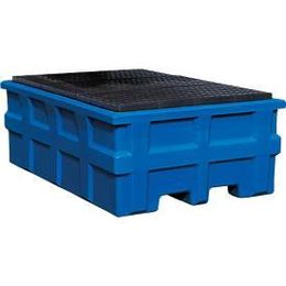 ASECOS IBC-Station, Volumen 1000 l, bis 2000 kg, unterfahrbar, mit PE-Gitterrost, Polyethylen, blau, B 1980 x T 1370 x H 720 mm