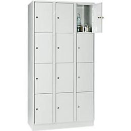 Wertfachschrank 300 mm, 3 Abteile, 12 Fächer, Sicherheitszylinderschloss, Sockel, lichtgrau
