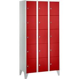 Wertfachschrank 300 mm, 3 Abteile, 15 Fächer, Sicherheitszylinderschloss, Fuß, feuerrot