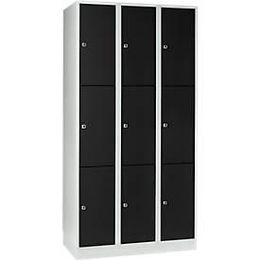 Wertfachschrank 300 mm, 3 Abteile, 9 Fächer, Sicherheitszylinderschloss, Sockel, tiefschwarz
