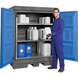ASECOS Gefahrstoffdepot, Polyethylen, unterfahrbar, m. Regal, B 1560 x T 1080 x H 1980 mm, 250 l