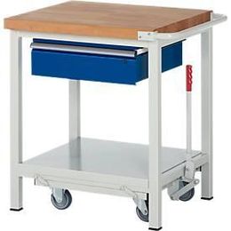 Rau Werkbank Serie 8001, fahrbar, absenkbar, Schublade, B 750 x T 700 x H 880 mm