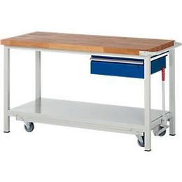 Rau Werkbank Serie 8001, fahrbar, absenkbar, Schublade, B 1500 x T 700 x H 880 mm