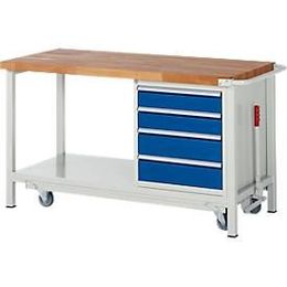 Rau Werkbank Serie 8162, absenkbar, fahrbar, 4 Schubladen, B 1500 x T 700 x H 880 mm