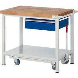 Rau Werkbank Serie 8001, fahrbar, absenkbar, Schublade, B 1000 x T 700 x H 880 mm