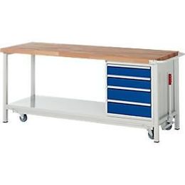 Rau Werkbank Serie 8162, absenkbar, fahrbar, 4 Schubladen, B 2000 x T 700 x H 880 mm