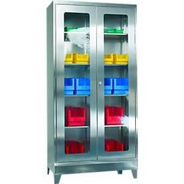 Edelstahl-Vitrinenschrank, 2-türig, 4 Einlegeböden, mit Füßen, B 1000 x T 500 x H 1950 mm