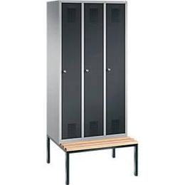 C+P Garderobenspind Evolo S 3000, Stahl, m. untergeb. Sitzbank, 3 Abteile m. jew. B 300 mm, Zylinderschloss, weißaluminium RAL 9006/anthrazit RAL 7016