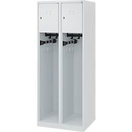 Feuerwehrspind C+P Evolo Youngster, 2 Abteile, ohne Helmhalter, Bodengleiter, B 600 x T 500 x H 1530 mm, RAL 7035 Lichtgrau