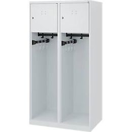 Feuerwehrspind C+P Evolo Youngster, 2 Abteile, ohne Helmhalter, Bodengleiter, B 800 x T 500 x H 1530 mm, RAL 7035 Lichtgrau