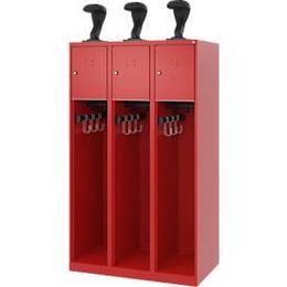Feuerwehrspind C+P Evolo Youngster, 3 Abteile, mit Helmhalter, Bodengleiter, B 900 x T 500 x H 1530 mm, RAL 3000 Feuerrot