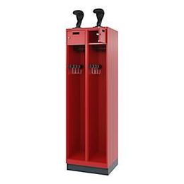 C+P Feuerwehrspind Evolo, Modell PRAKTUS, 2 Abteile, H 1950 x B 600 x T 500 mm, Sockel, feuerrot RAL 3000