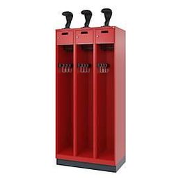 C+P Feuerwehrspind Evolo, Modell PRAKTUS, 3 Abteile, H 1950 x B 900 x T 500 mm, Sockel, feuerrot RAL 3000