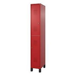 Doppelstöckiger Feuerwehrspind C+P Flexo White, 1 Abteil mit 2 Fächern, Füße, B 300 x T 500 x H 1950 mm, RAL 3000 Feuerrot/RAL 7021 Schwarzgrau