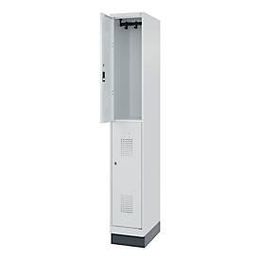 Doppelstöckiger Feuerwehrspind C+P Flexo White, 1 Abteil mit 2 Fächern, Sockel, B 300 x T 500 x H 1950 mm, RAL 7035 Lichtgrau/RAL 7016 Anthrazitgrau