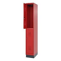 Doppelstöckiger Feuerwehrspind C+P Flexo White, 1 Abteil mit 2 Fächern, Sockel, B 300 x T 500 x H 1950 mm, RAL 3000 Feuerrot/RAL 7016 Anthrazitgrau