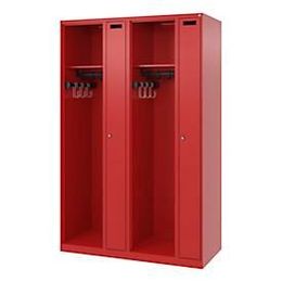 Feuerwehrspind C+P Evolo Kombi, 4 Abteile für 2 Personen, ohne Helmhalter, Bodengleiter, B 1200 x T 500 x H 1850 mm, RAL 3000 Feuerrot