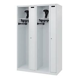 Feuerwehrspind C+P Evolo Kombi, 4 Abteile für 2 Personen, mit Helmhalter, Bodengleiter, B 1200 x T 500 x H 1850 mm, RAL 7035 Lichtgrau