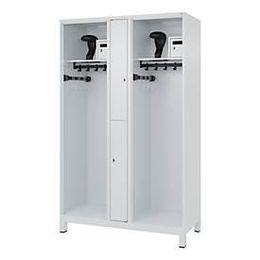 Feuerwehrspind C+P Evolo Maxi, 4 Abteile für 2 Personen, mit Helmhalter, mit Füßen, B 1200 x T 500 x H 1950 mm, RAL 7035 Lichtgrau