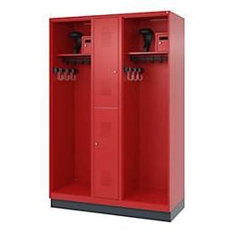 Feuerwehrspind C+P Evolo Maxi, 4 Abteile für 2 Personen, mit Helmhalter, mit Sockel, B 1300 x T 500 x H 1950 mm, RAL 3000 Feuerrot/RAL 7016 Anthrazitgrau