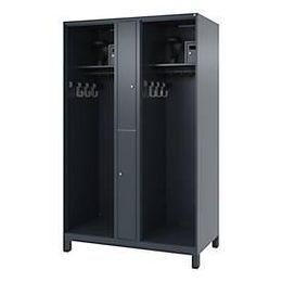 Feuerwehrspind C+P Evolo Maxi, 4 Abteile für 2 Personen, mit Helmhalter, mit Füßen, B 1200 x T 600 x H 1950 mm, RAL 7016 Anthrazitgrau/RAL 7021 Schwarzgrau