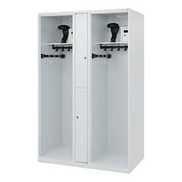 Feuerwehrspind C+P Evolo Maxi, 4 Abteile für 2 Personen, mit Helmhalter, Bodengleiter, B 1200 x T 500 x H 1850 mm, RAL 7035 Lichtgrau