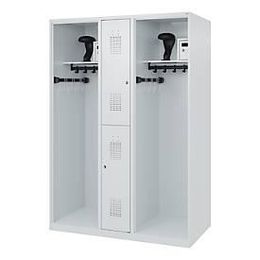 Feuerwehrspind C+P Evolo Maxi, 4 Abteile für 2 Personen, mit Helmhalter, Bodengleiter, B 1300 x T 600 x H 1850 mm, RAL 7035 Lichtgrau