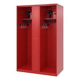 Feuerwehrspind C+P Evolo Maxi, 4 Abteile für 2 Personen, mit Helmhalter, Bodengleiter, B 1200 x T 500 x H 1850 mm, RAL 3000 Feuerrot